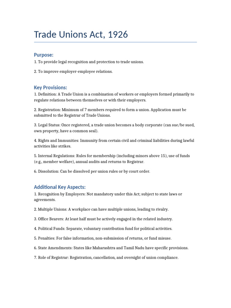 Trade Unions Act 1926 Summary Pointwise | PDF
