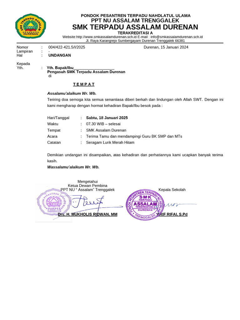 Undangan Acara SMK Assalam Durenan | PDF