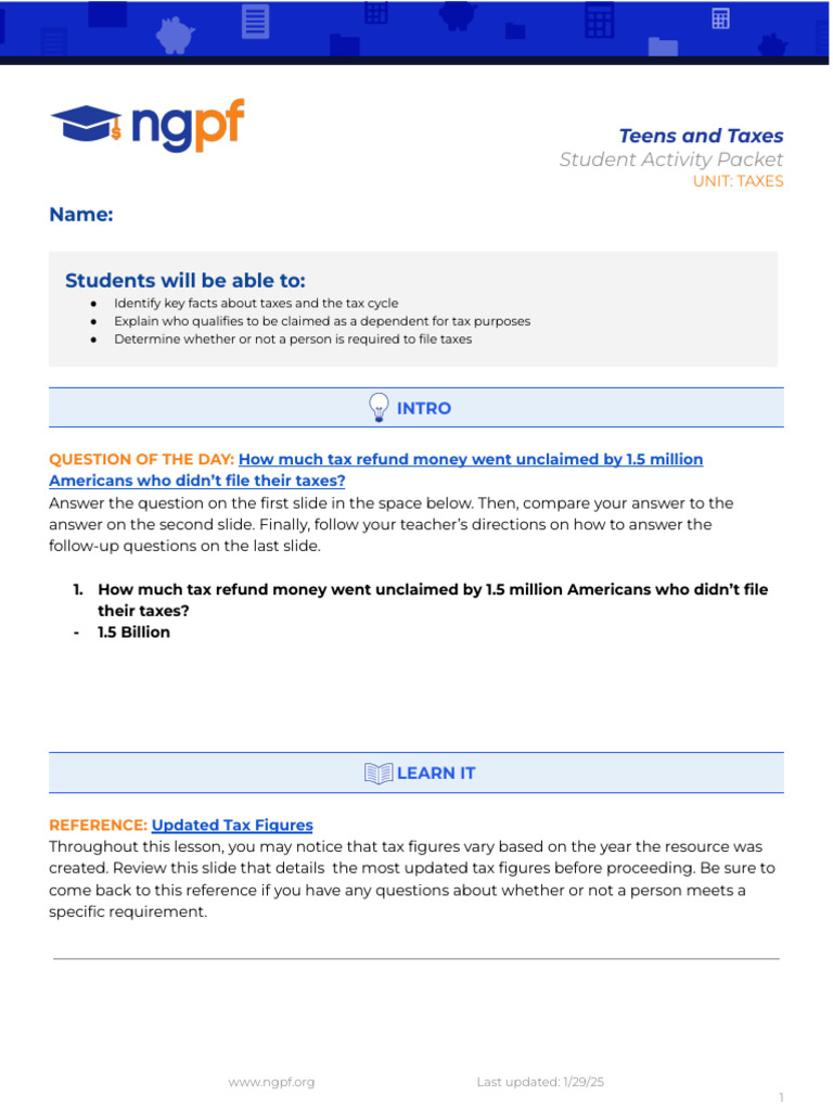 Teens and Taxes Student Activity Packet | PDF | Taxes | United States Law