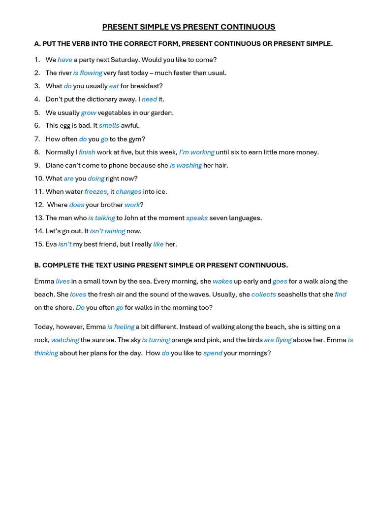 PRESENT SIMPLE VS PRESENT CONTINUOUS_answer key | PDF