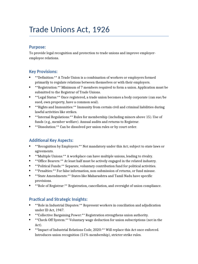 Trade Unions Act 1926 Summary | PDF | Trade Union | Employment