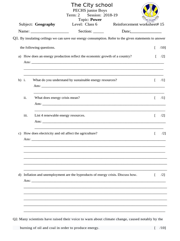 Class 6 Geography Worksheet on Energy | PDF | Energy Crisis | World ...