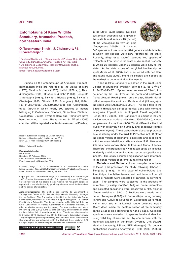 Entomofauna of Kane Wildlife Sanctuary, Arunachal Pradesh, Northeastern ...