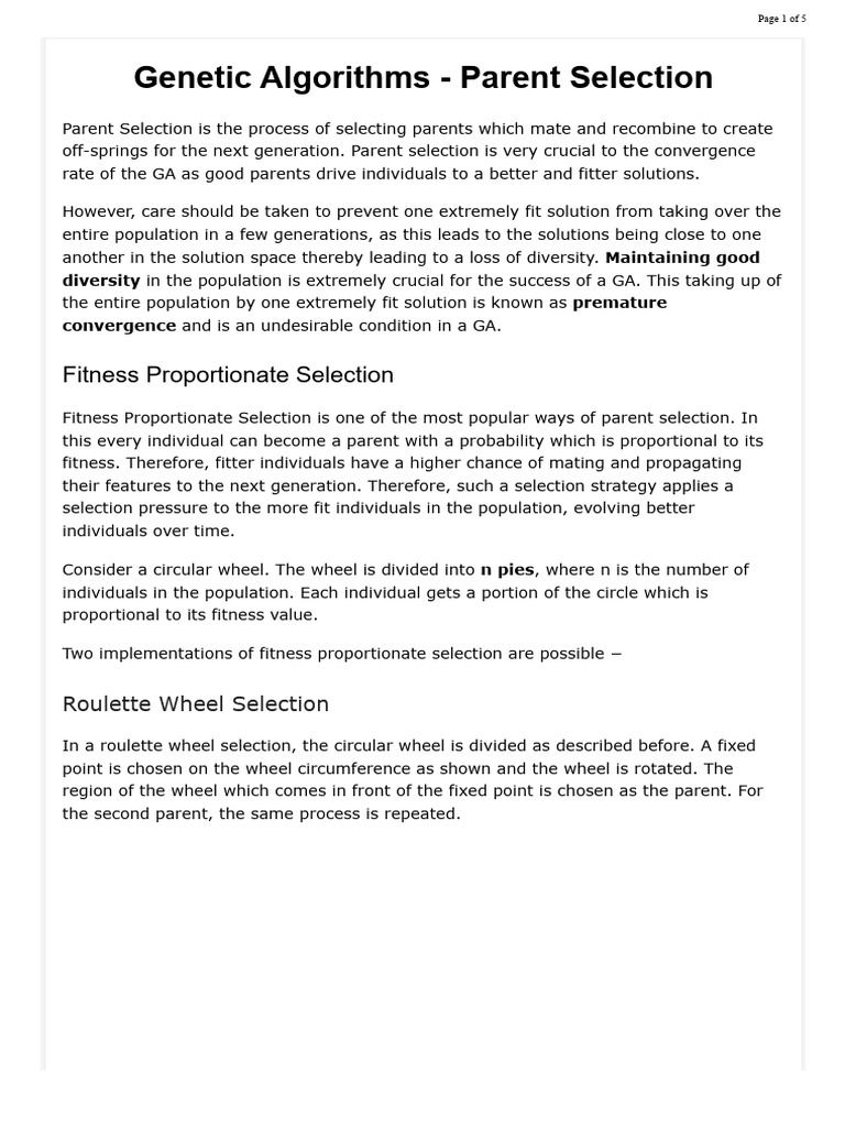 Genetic Algorithms - Parent Selection | PDF | Genetic Algorithm | Fitness (Biology)