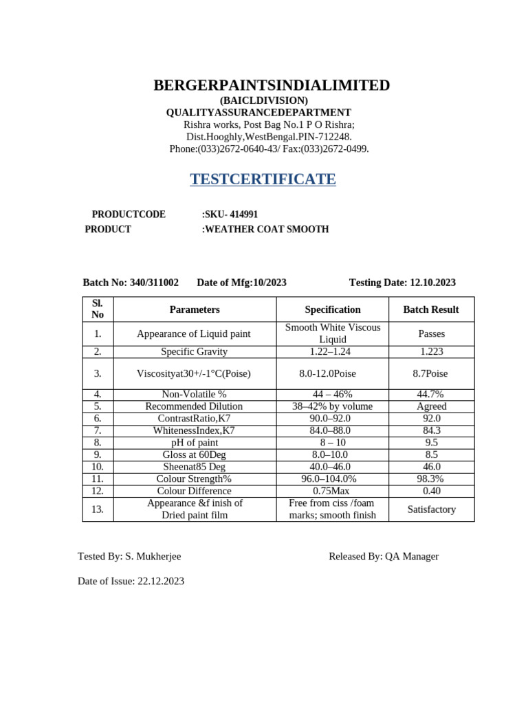 Berger Weather Coat Test Certificate | PDF