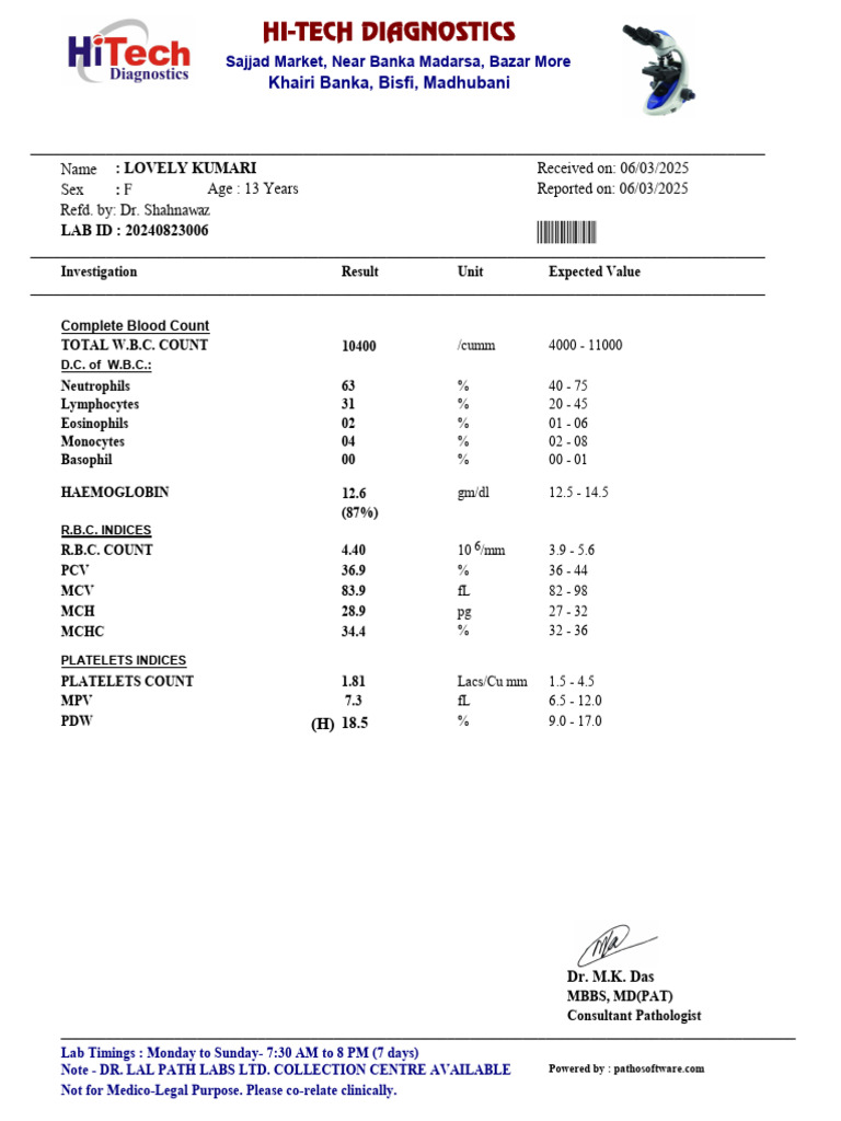 CBC and Widal Test Results Report | PDF | White Blood Cell | Tissue ...