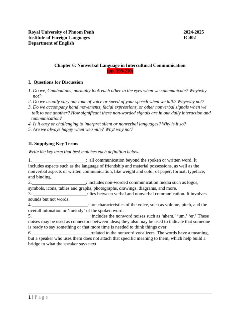 Ic Chapter 6 Handout One | PDF | Nonverbal Communication | Communication