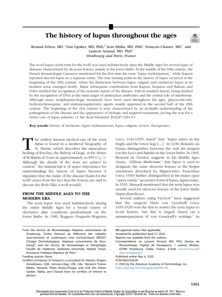 The History of Lupus Throughout The Ages. Felten R, 2020, Derma | PDF ...