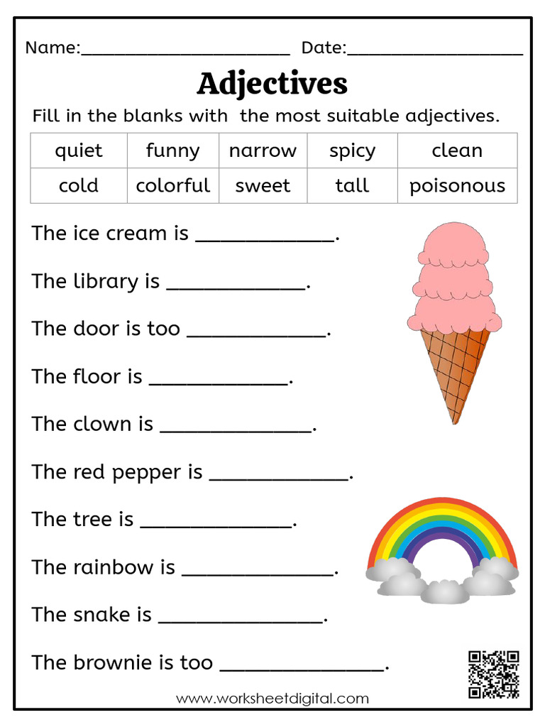 Adjective Fill-in-the-Blank Worksheet | PDF