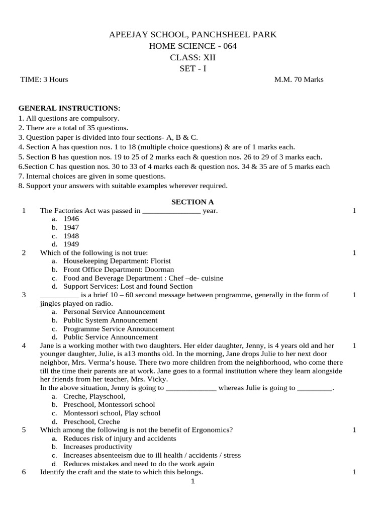 PB1 - Class XII Home Science 2022 - 23 - Set 1 - QP | PDF | Nutrition ...