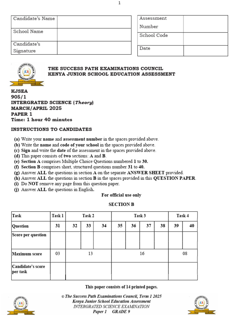 Success Grade 9 Intergrated Science PP1 T1 2025 | PDF | Water ...