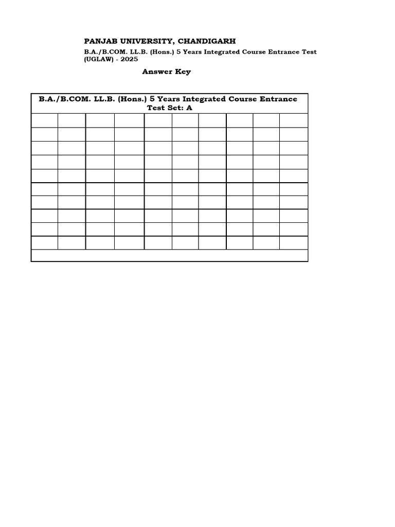 PU LLB Entrance Test Answer Key 2025 | PDF