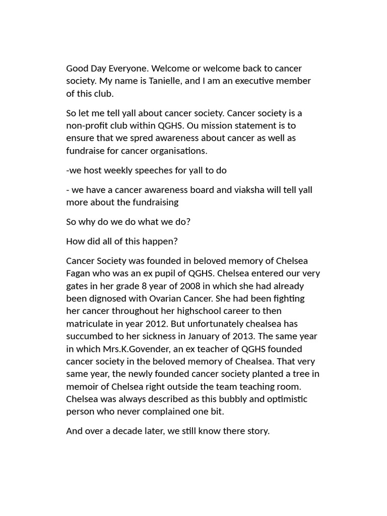Cancer Society Speech | PDF