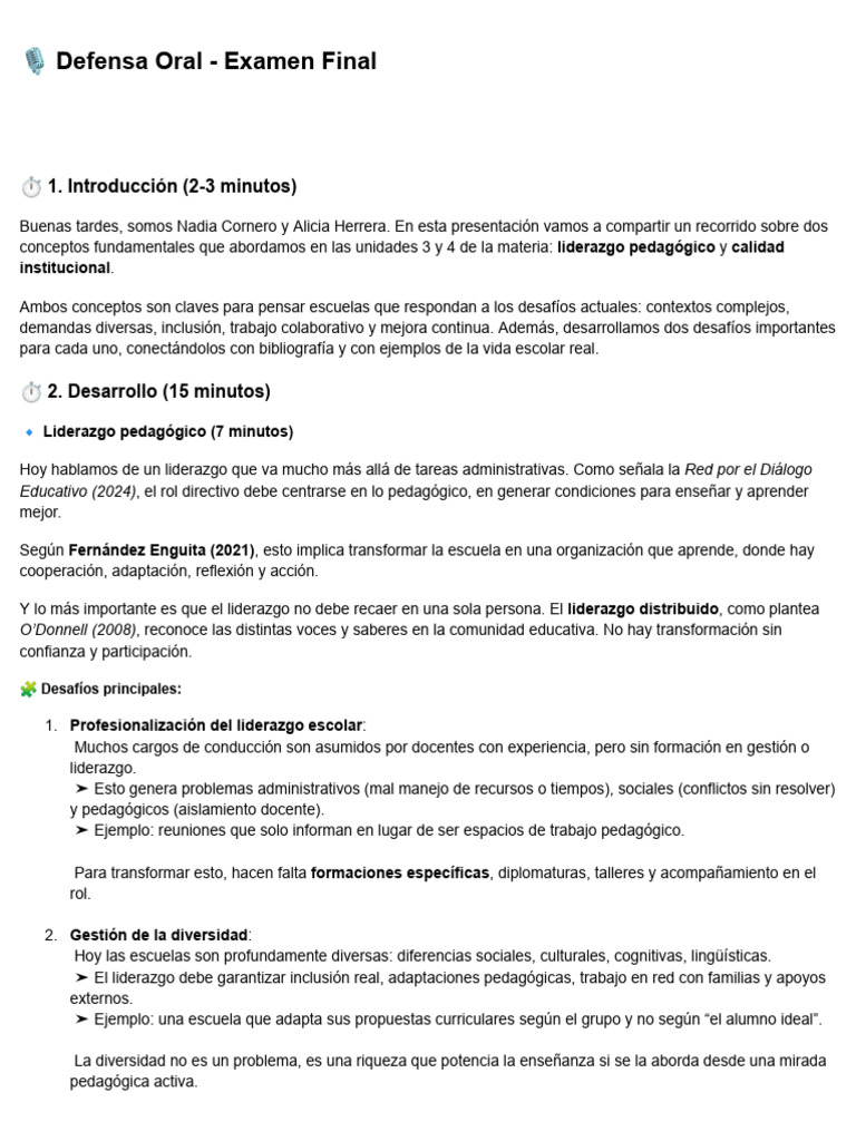 ? Defensa Oral - Examen Final | PDF | Enseñando | Maestros