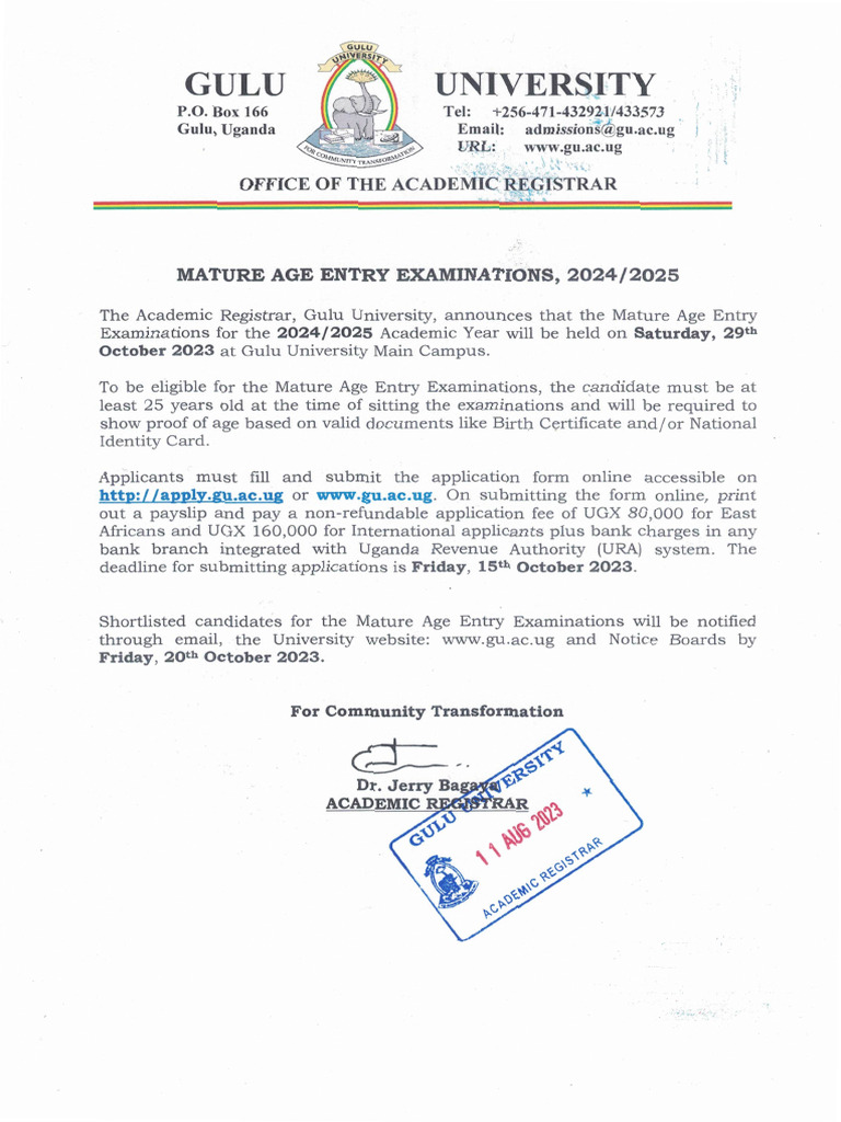Gulu University Mature Age Entry 2025 | PDF