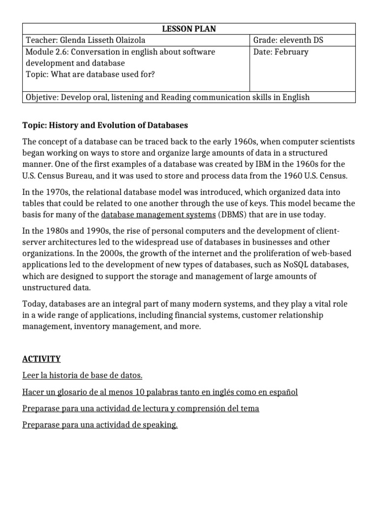 Lesson Plan 2.6 Database | PDF