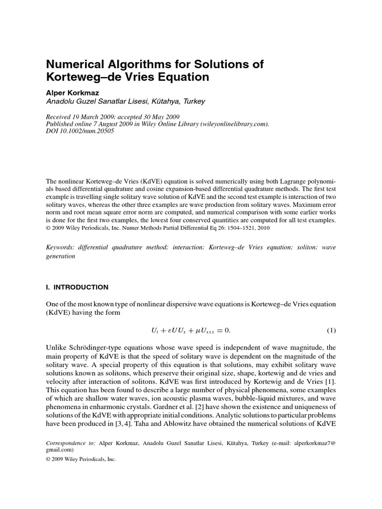 Numerical Algorithms For Solutions of Korteweg-De Vries Equation | PDF | Soliton | Numerical ...