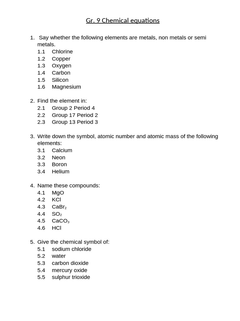 Chemical Equations Worksheet | PDF
