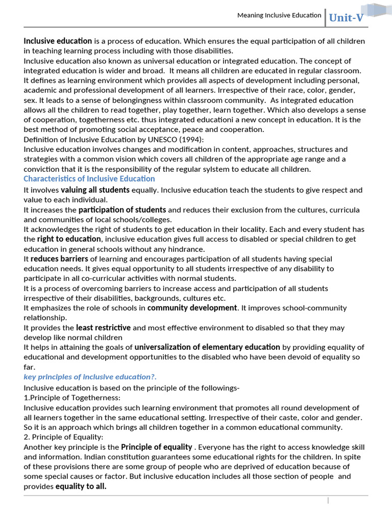 Unit V Inclusive Education & Guidance | PDF | Inclusion (Education ...