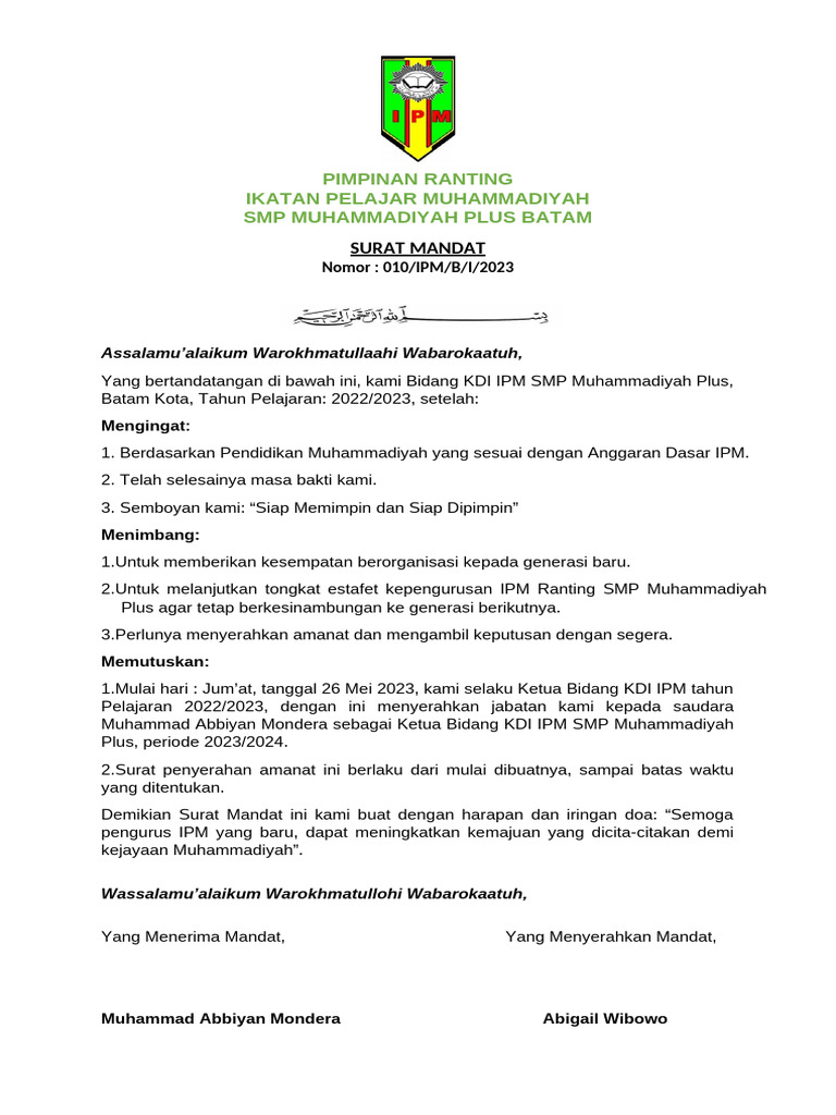 Surat Mandat KDI IPM | PDF