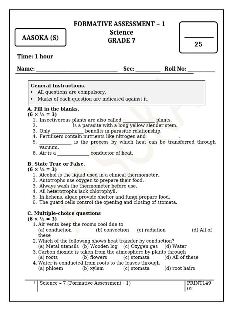 Aasoka-Cbse Sci G7 Fa1 S | PDF | Leaf | Thermometer