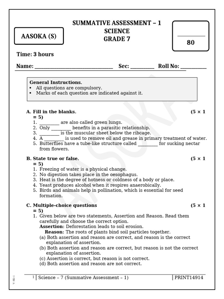 AASOKA-CBSE_SCI_G7_SA1_S_F | PDF | Ph | Cellular Respiration