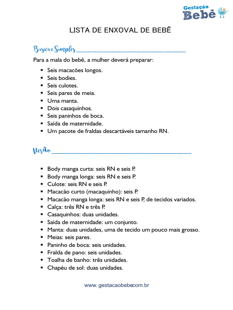 Lista Completa de Enxoval para Bebê | PDF | Primeira infância