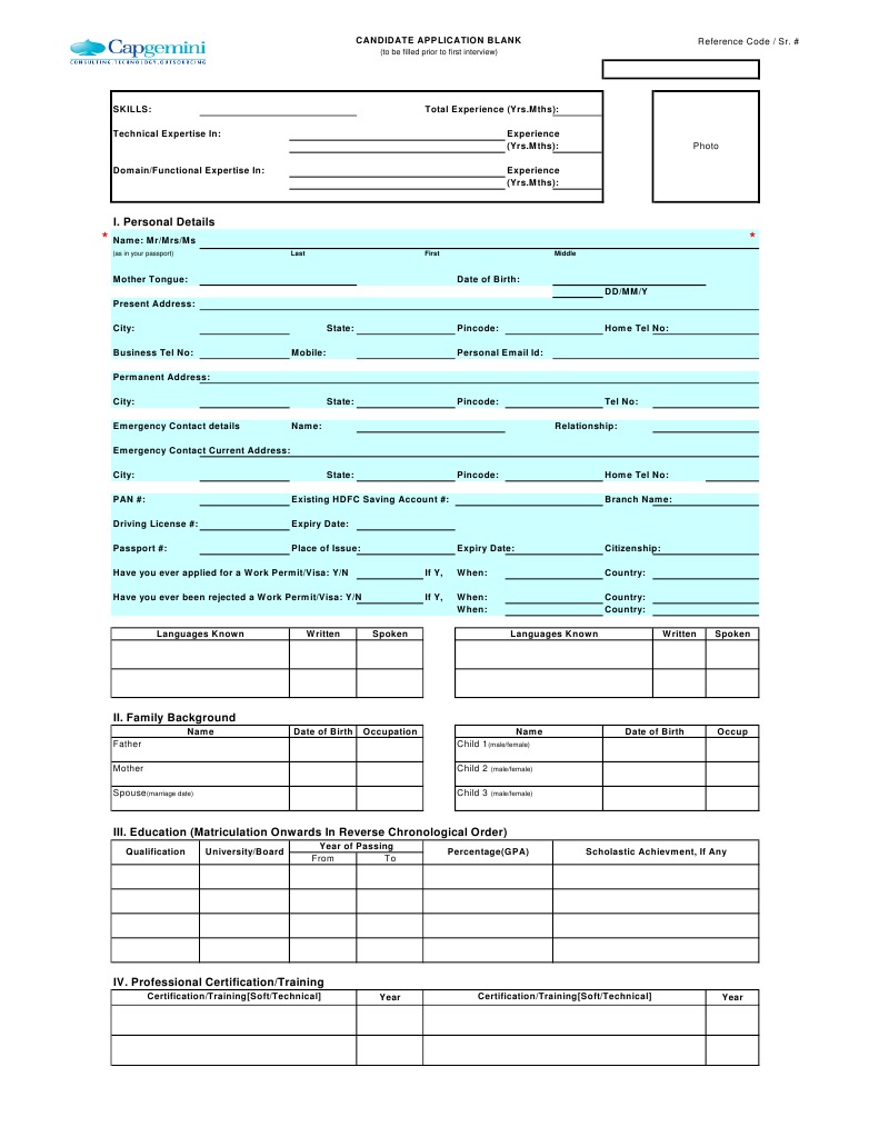 Application Blank Cap Gemini | PDF | Government | Wellness