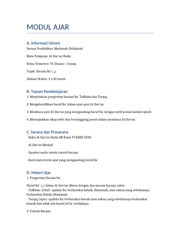 Modul Ajar Bacaan Ra | PDF