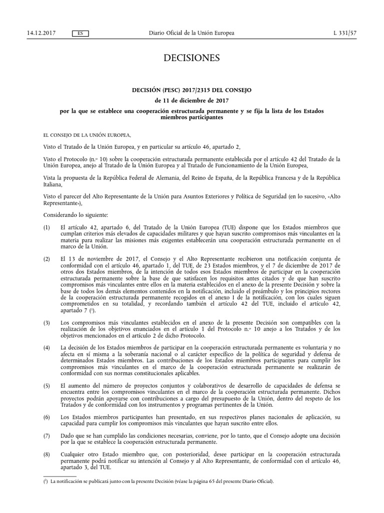 Cooperación Estructurada Permanente PESC | PDF | Estado miembro de la ...