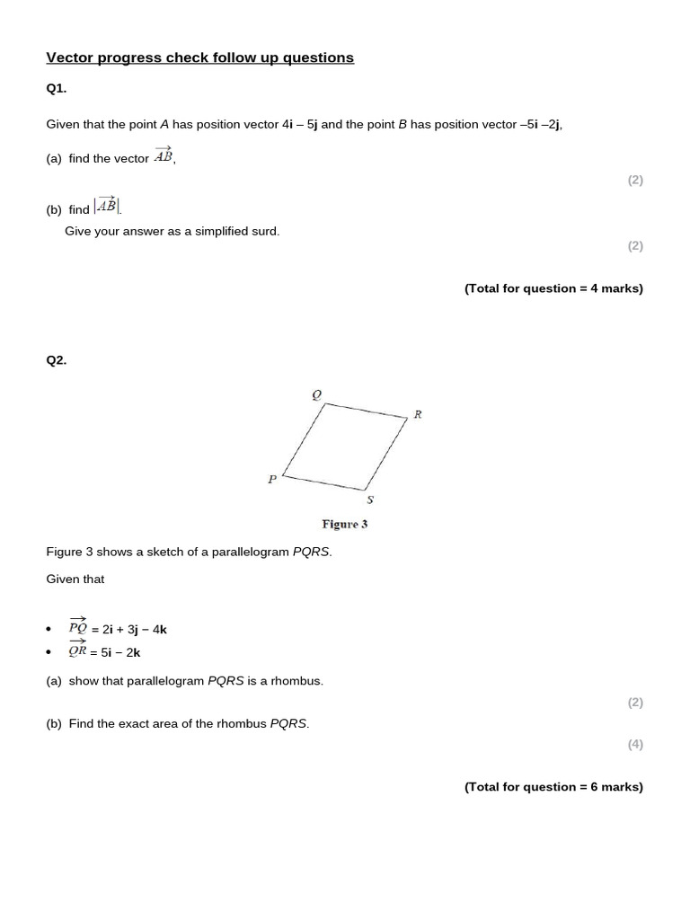 Vectors Progress Check Follow Up Questions | PDF | Area | Euclidean Vector
