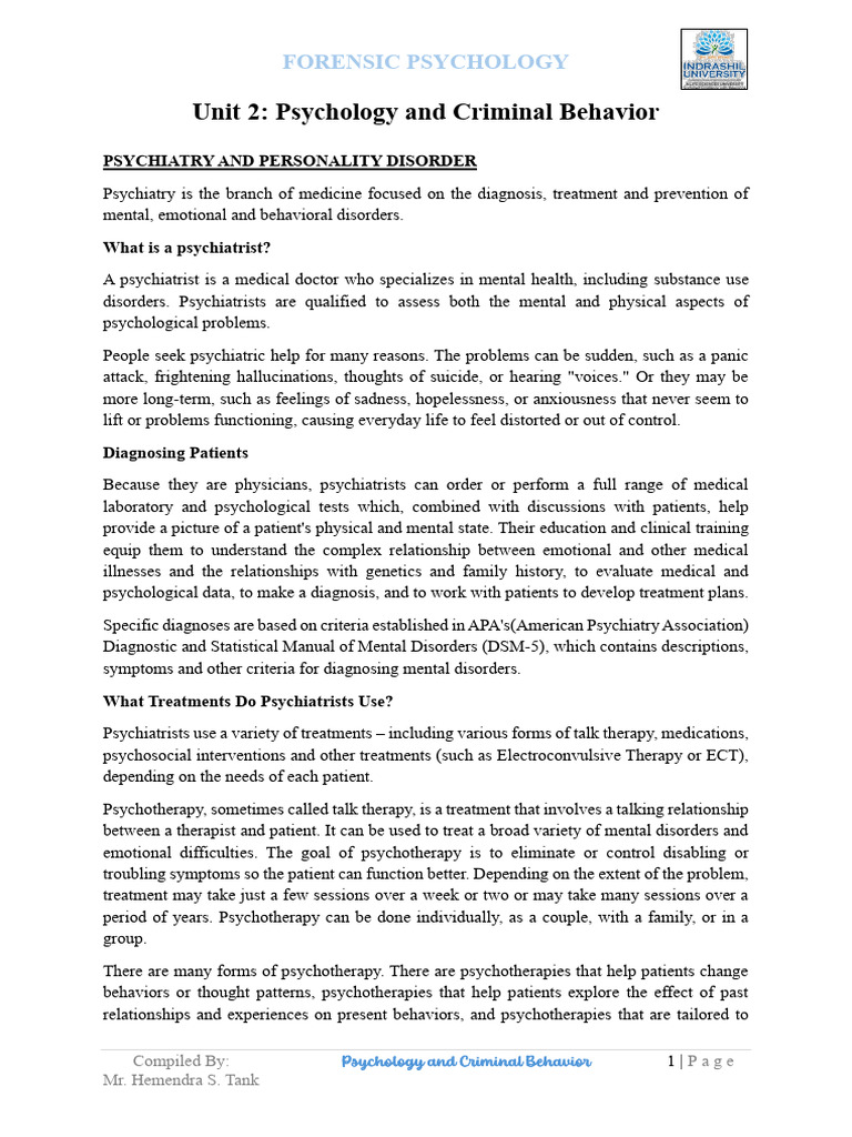 Unit 2 - Psychology and Criminal Behavior | PDF | Psychiatry | Mental ...