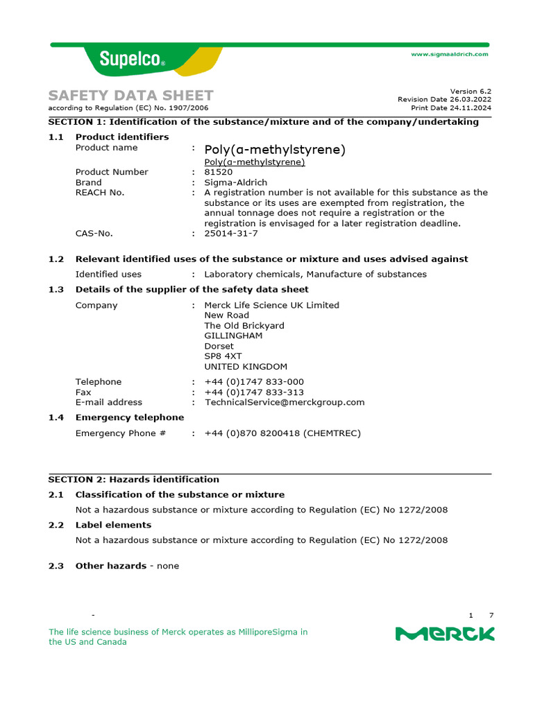 Poly (Α-methyl Styrene) Sds 81520 | PDF | Dangerous Goods | Toxicity