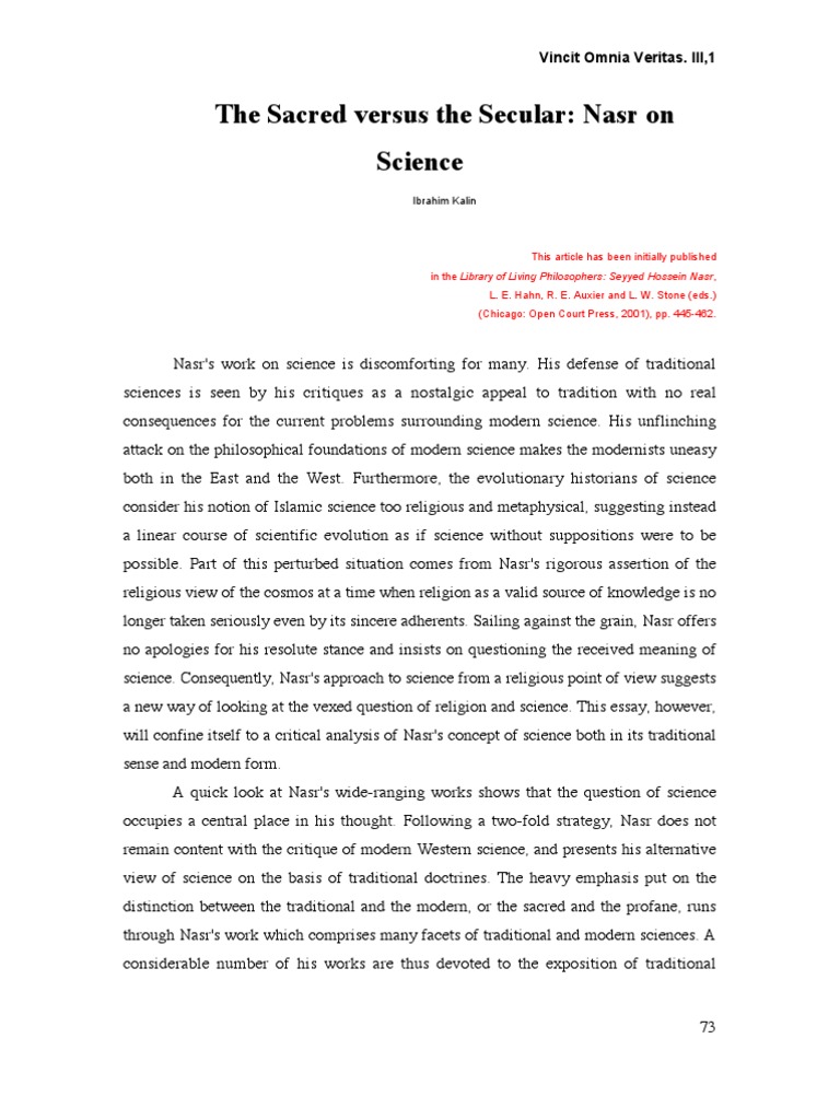 The Sacred Versus The Secular: Nasr On Science: Vincit Omnia Veritas ...