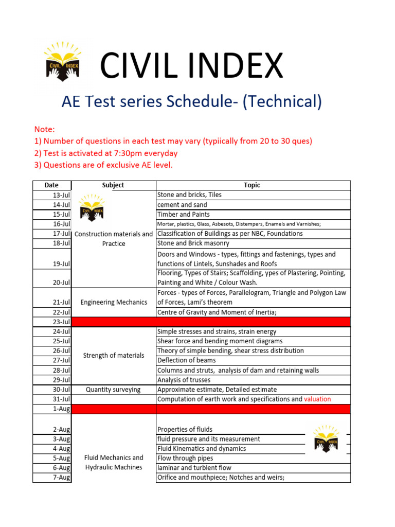 Civil Index Test Series Schedule | PDF | Surveying | Bending