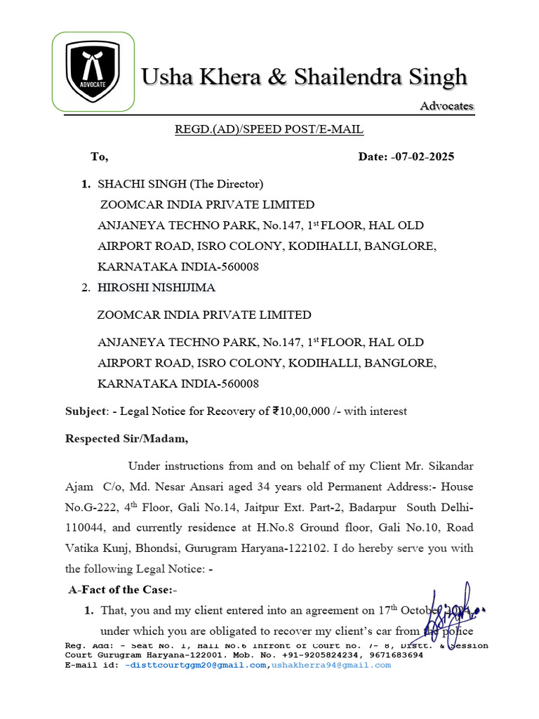 Zoom Car Notice - Sikander (Signed) | PDF