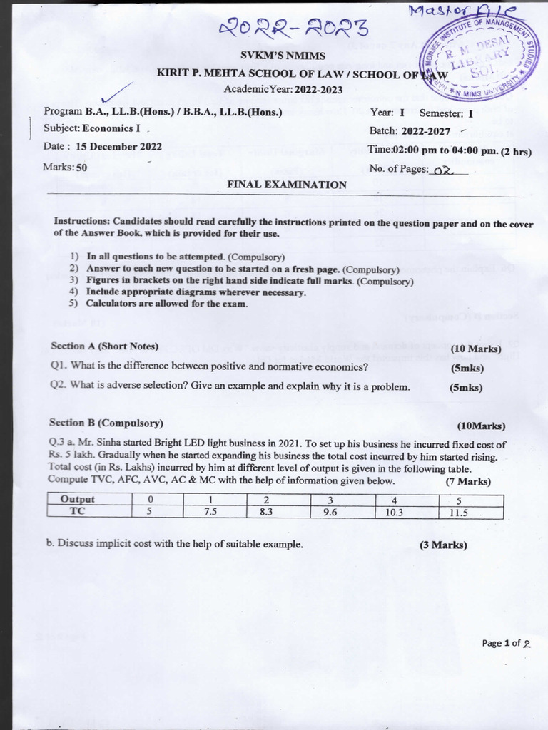 Economics Nmims Question Paper | PDF | Demand | Economic Equilibrium