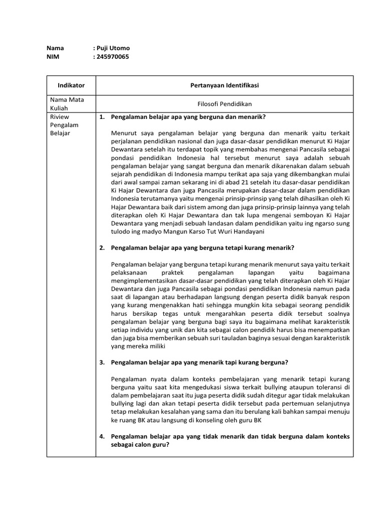 Refleksi Pembelajaran Filosofi Pendidikan | PDF