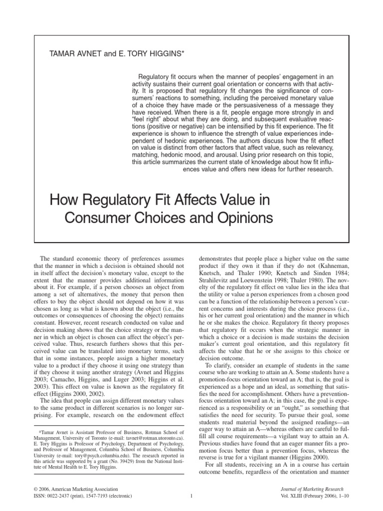 Impact of Regulatory Fit on Consumer Value | PDF | Mental Health | Mood ...