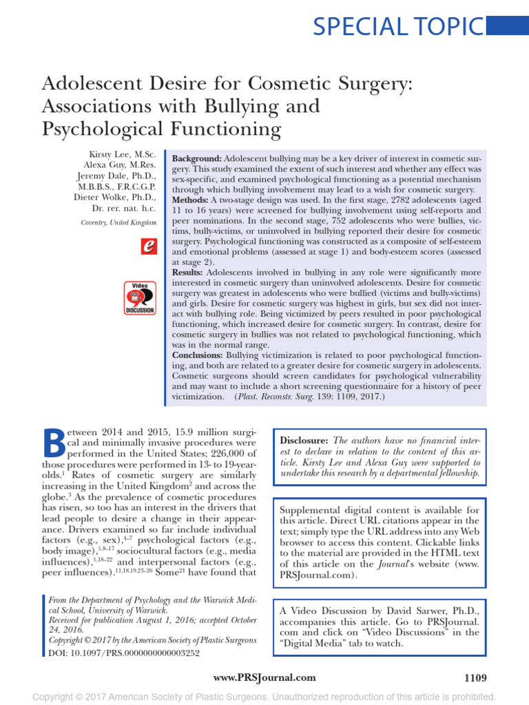 5 Lee K, Guy A, Dale J, Wolke D. Adolescent Desire For Cosmetic Surgery ...
