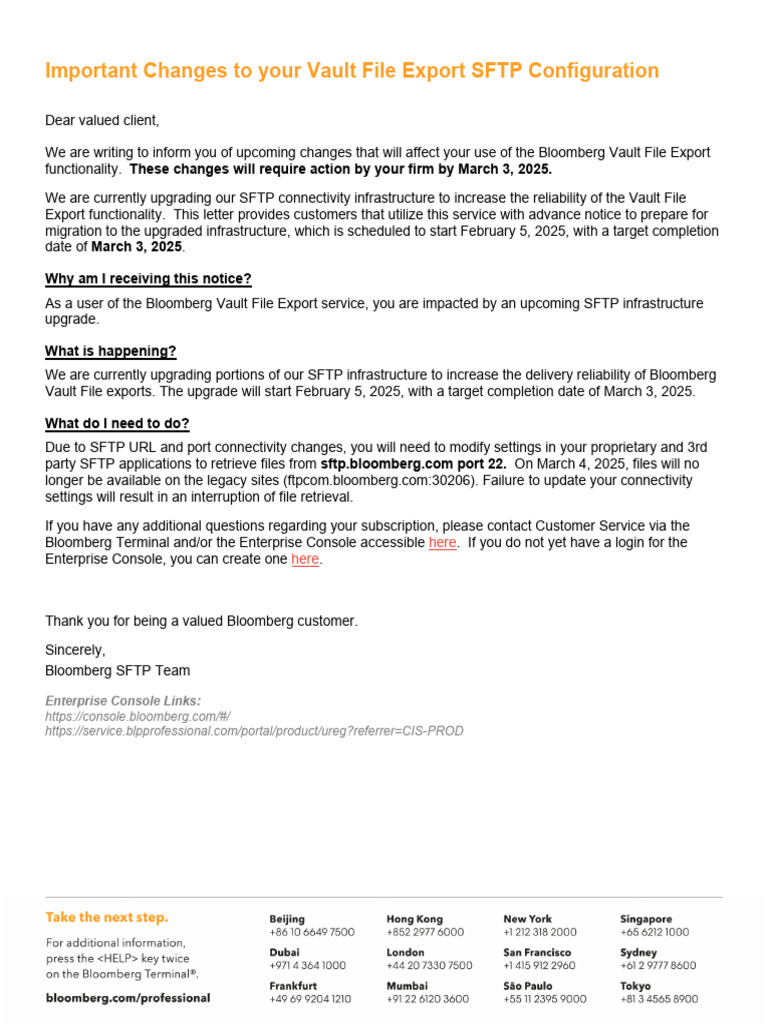 Bloomberg Vault SFTP Upgrade Notice | PDF