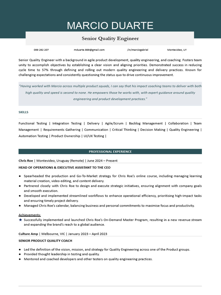 Marcio Duarte Resume Feb2025 | PDF | Agile Software Development | Information Technology