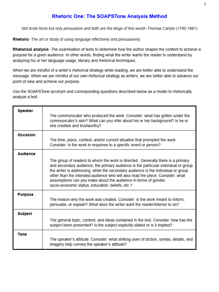 Rhetoric One - The SOAPSTone Analysis Method | PDF | Rhetoric ...
