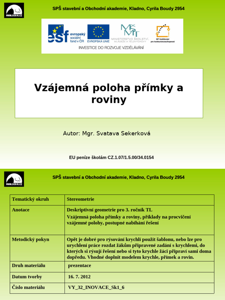 Vzájemná Poloha Přímky A Roviny: Autor: Mgr. Svatava Sekerková | PDF