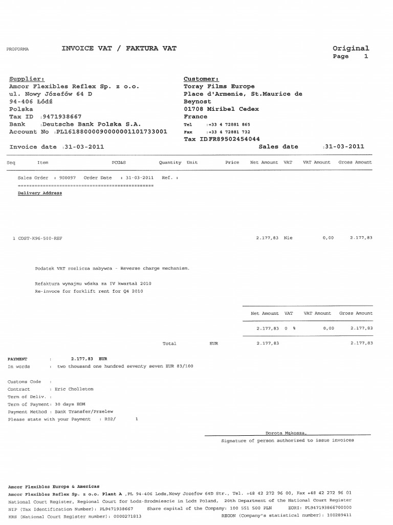 Re - Invoice Forklift Rent For Q4 - 2010 | PDF