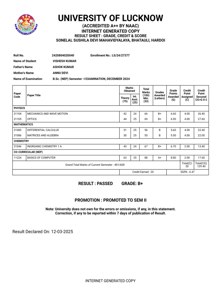 Vishesh BSC Marksheet Ist Sem | PDF | Physics | Mathematics