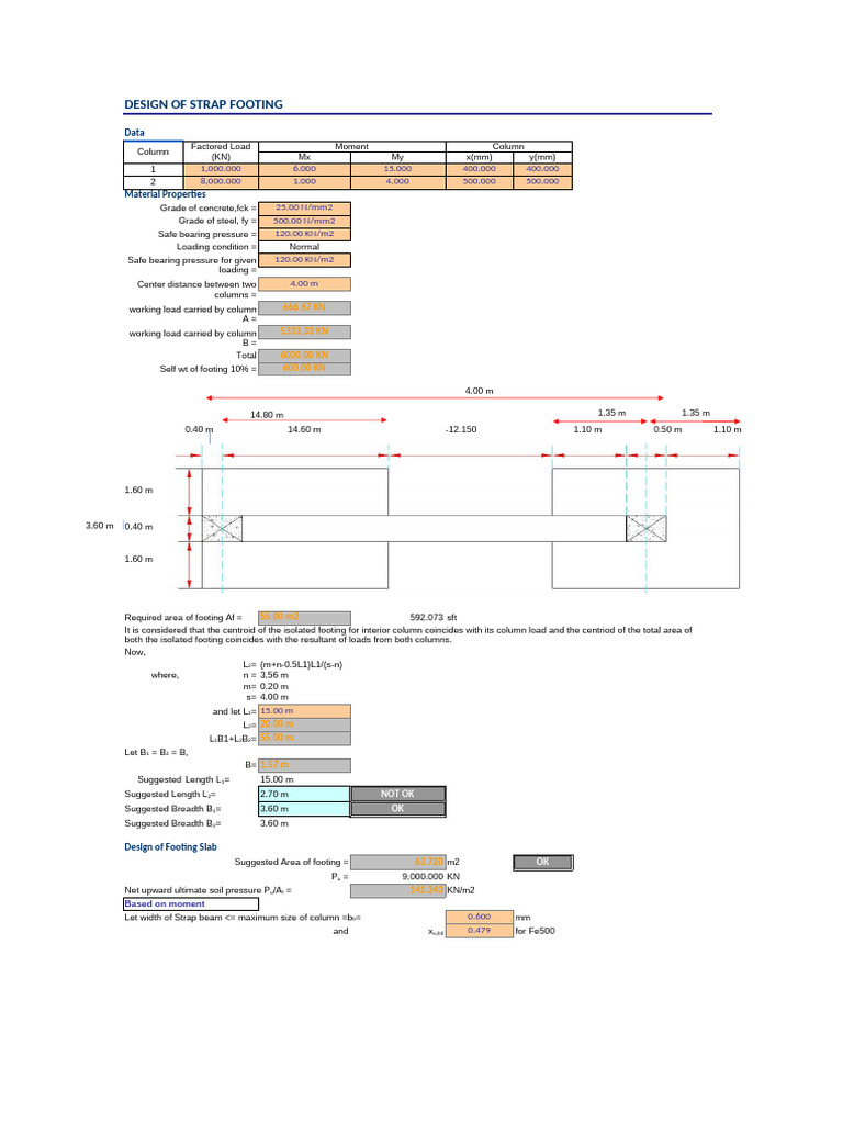 Strap Footing Design Calculations | PDF | Beam (Structure) | Bending