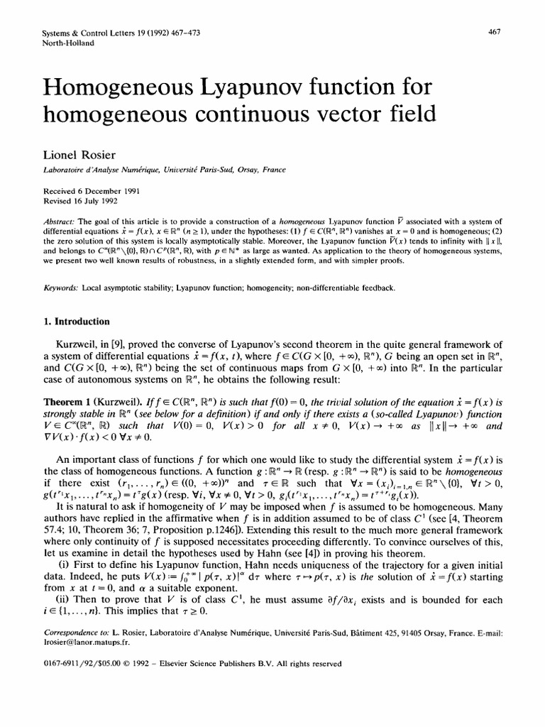 Homogeneus Lyapunov Function For Homogeneus | PDF | Function (Mathematics) | Mathematical Analysis