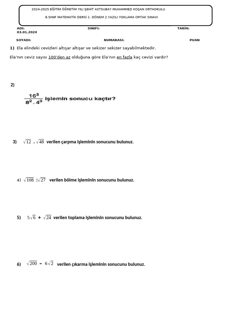 8.sinif Mat 2.sinav | PDF
