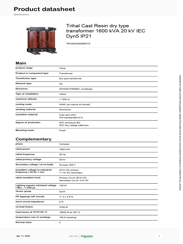 Schneider Electric Trihal TRI1600245298IP210 | PDF | Transformer ...